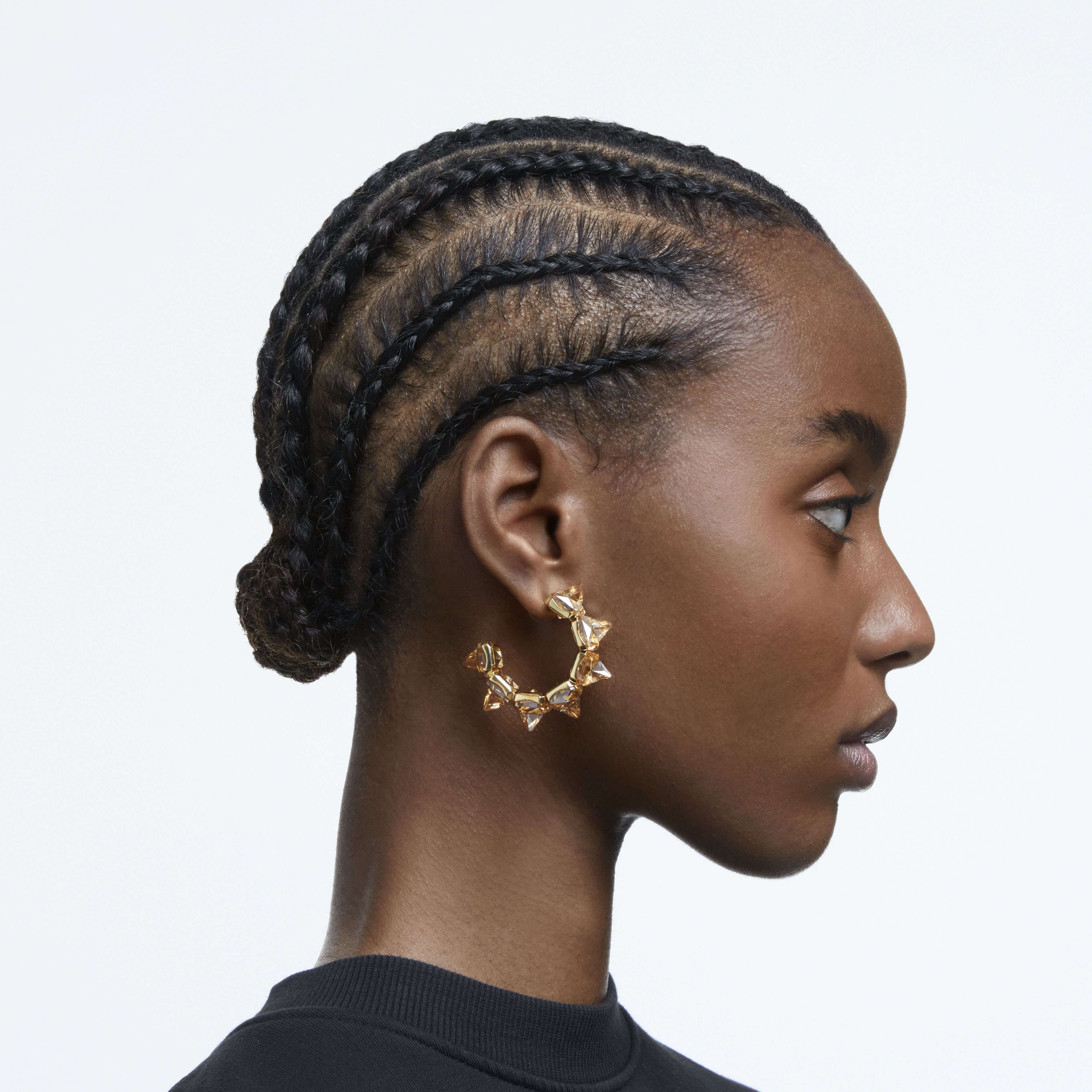 Buy Swarovski Chroma hoop earrings, Pyramid cut crystals, Yellow, Gold ...